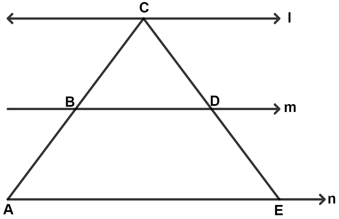 In the given figure, l // m // n and D is mid-point of CE. | KnowledgeBoat