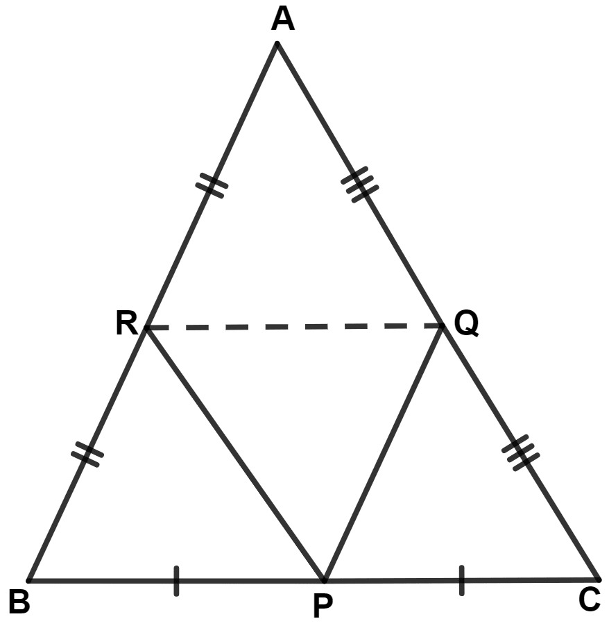 In the given figure, AB = AC, P, Q and R are mid-points of | KnowledgeBoat